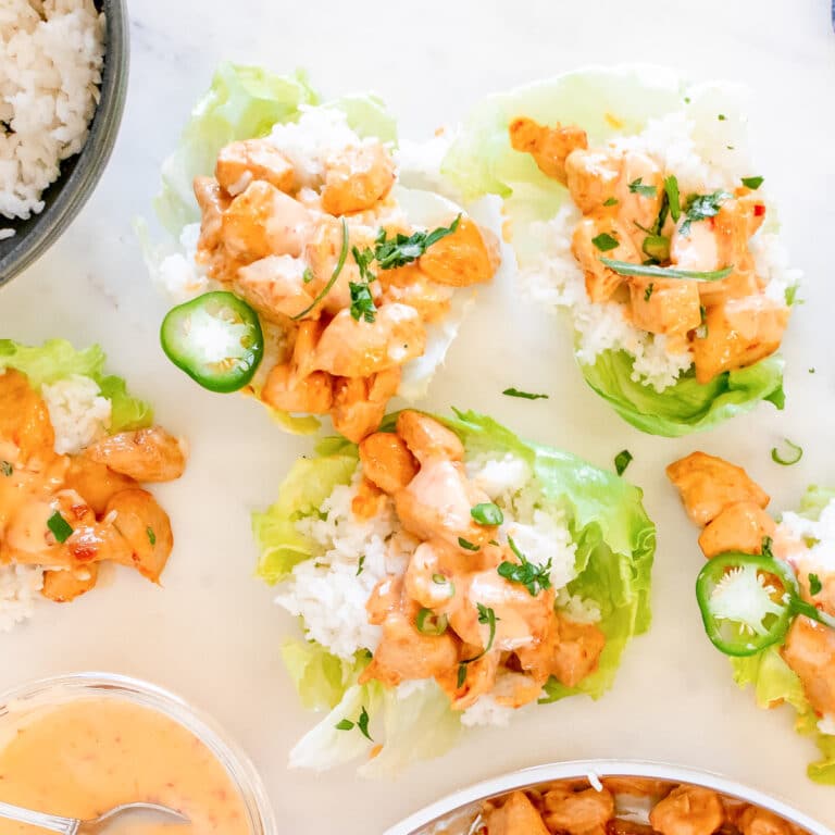 Bang Bang Spicy Chicken Lettuce Wraps - All She Cooks