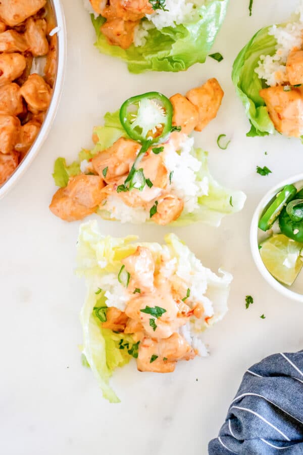 Bang Bang Spicy Chicken Lettuce Wraps - All She Cooks